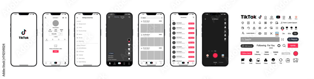 Tik Tok design. Set Tik Tok screen social media and social network ...