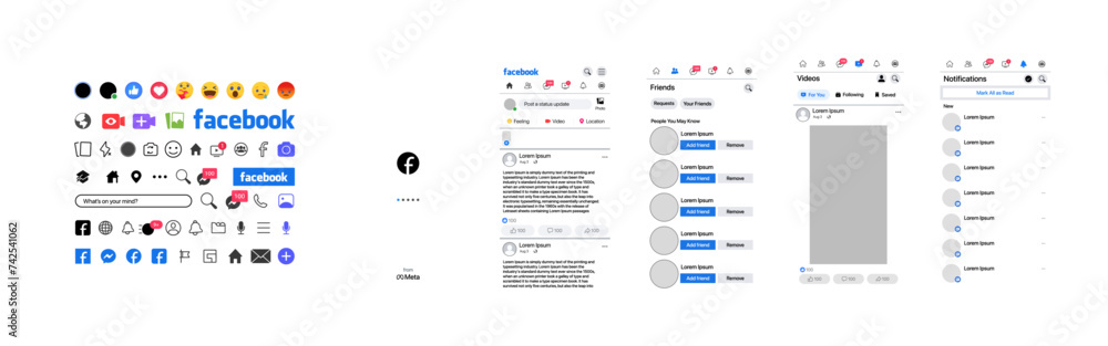 Facebook design. Set Facebook screen social media and social network interface template ...