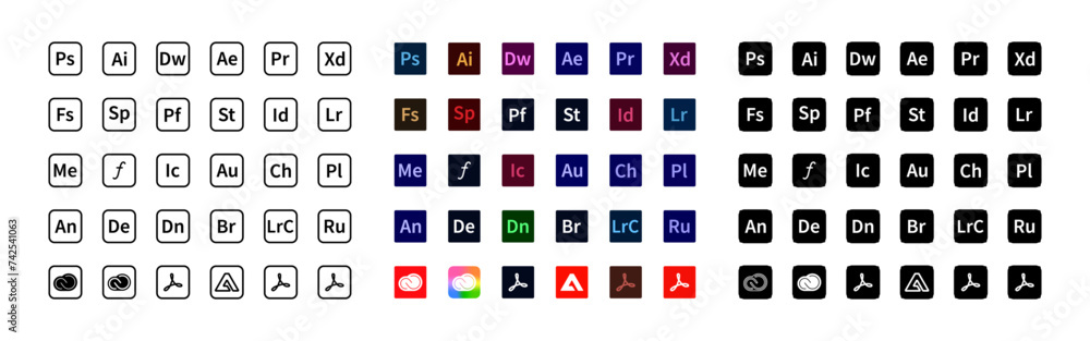 Adobe products. Logotype set of adobe apps: illustrator, photoshop ...