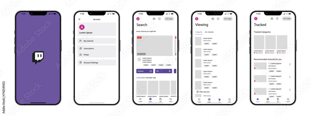 Twitch mobile interface. Twitch screen social media, streaming platform ...