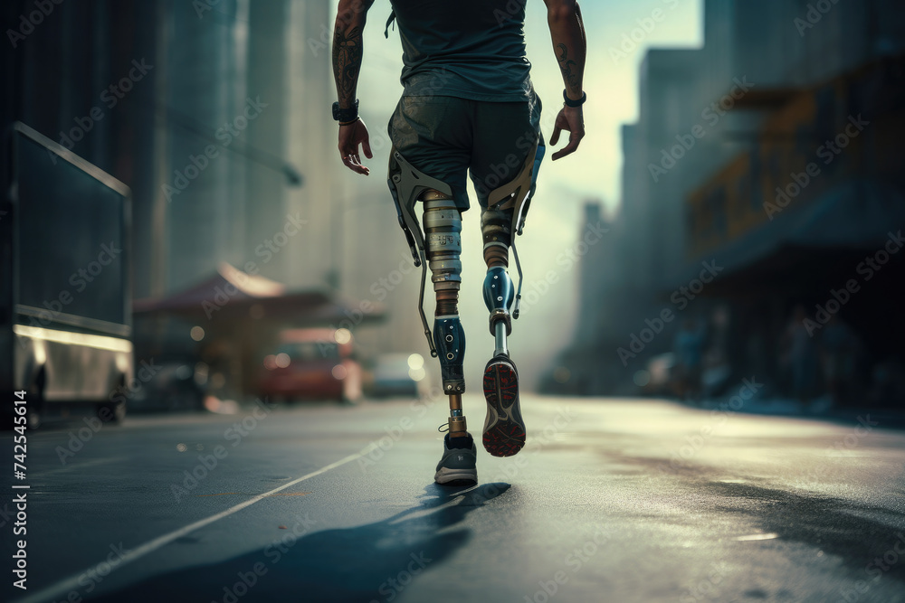 A man walks along a city street with a bionic prosthetic leg ...