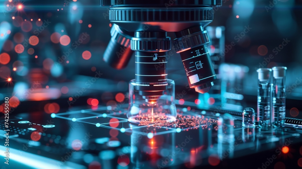 A modern, high-powered microscope in a futuristic laboratory setting ...