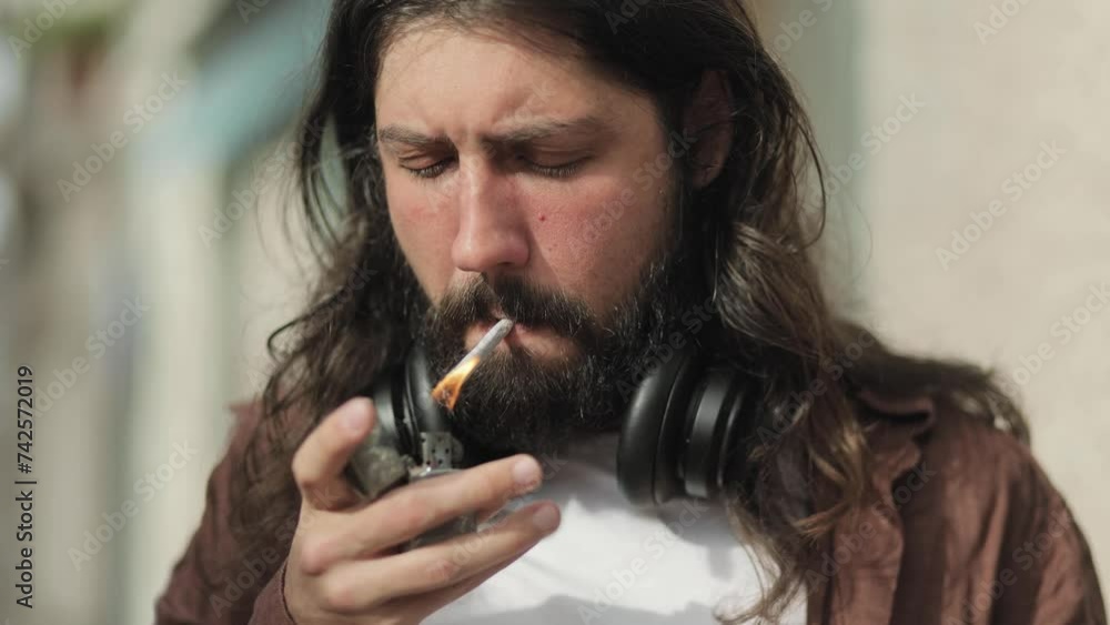 Stylish bearded man with long hair, lights a cigarette, confidence ...