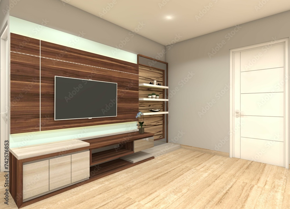 Television Cabinet Design with Wooden Panel and Rack Display Stock ...