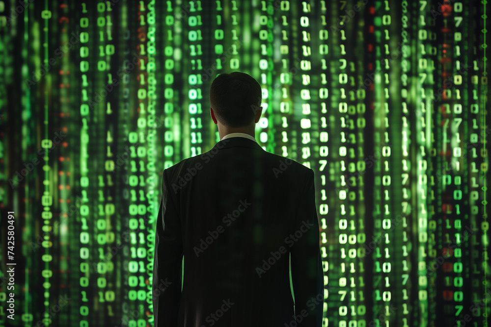 Programmer facing a data flow, green digits, data science concept ... Programmer facing a data flow, green digits, data science concept ...
