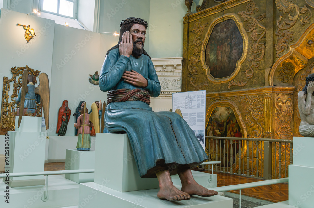 Perm wooden sculpture. A god carved out of wood. Ancient sculptures in ...