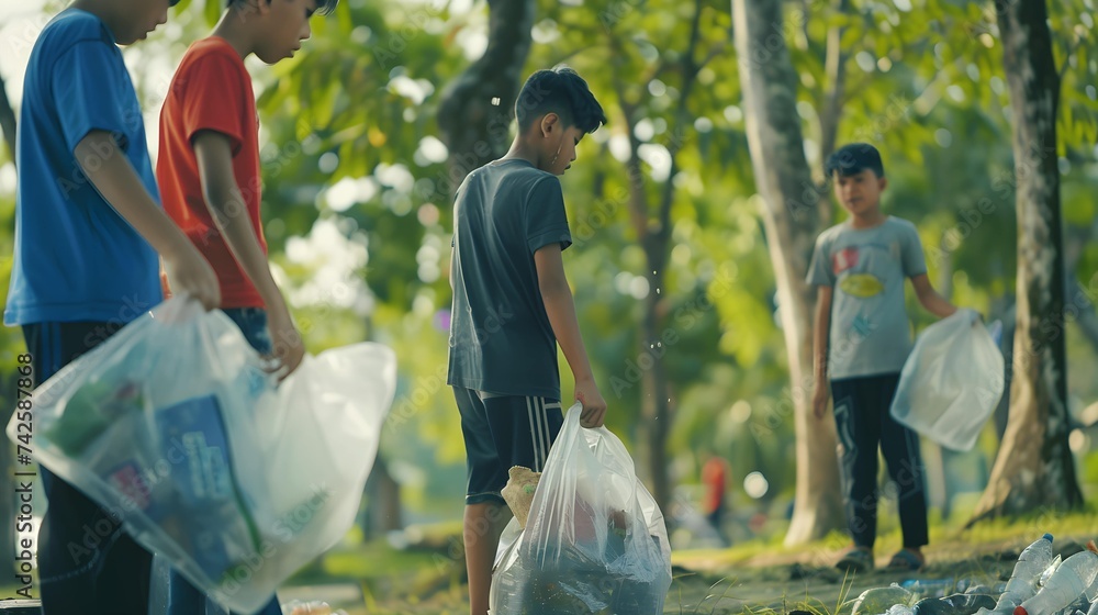 Volunteer teenage boys are holding garbage bags and Collecting plastic ...