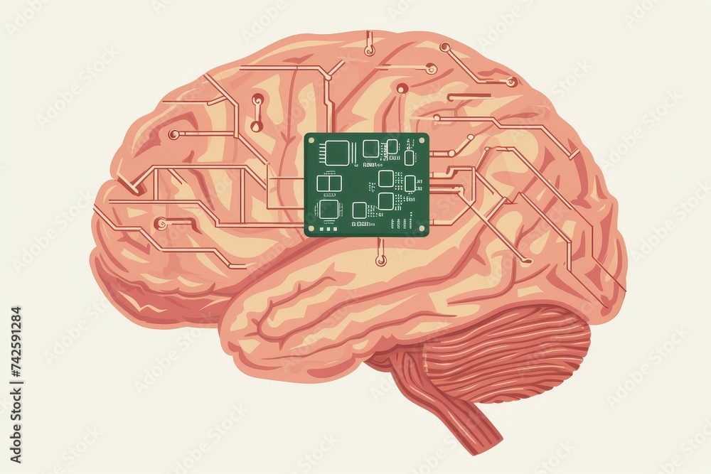 AI Brain Chip red. Artificial Intelligence type mind approximation algorithm circuit board ...