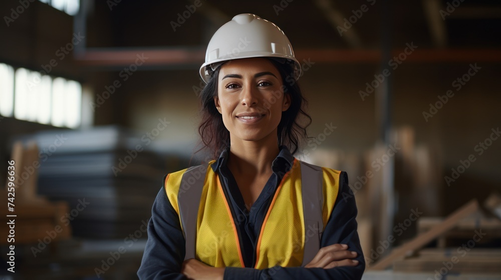 female construction site manager Wear a life jacket and helmet. They ...