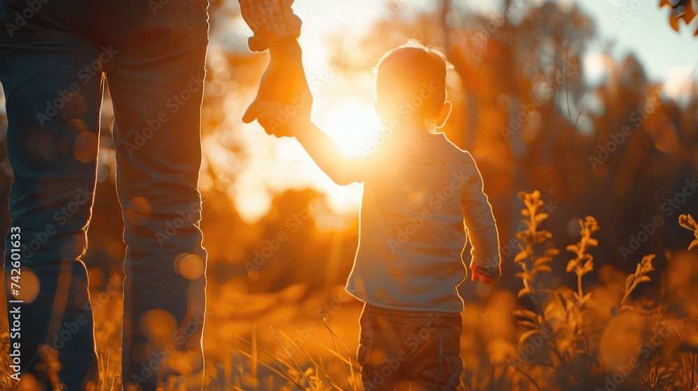 Little son, dad hold hands close up in nature in sun. Child father walk ...