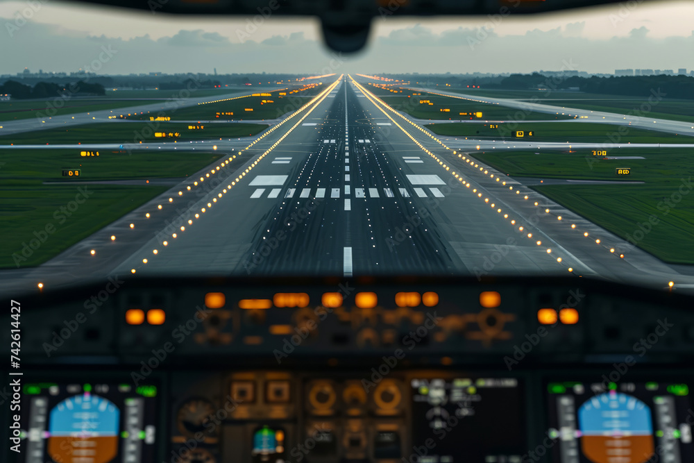 Airplane approaching for landing in front of the runway, view from the ...