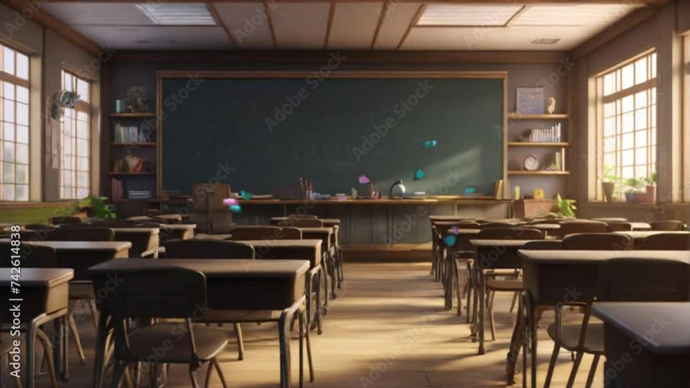 school classroom interior in anime or cartoon illustration style ...