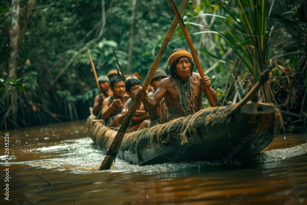 People from a tribe floating on a river in a dense forest or in a ...
