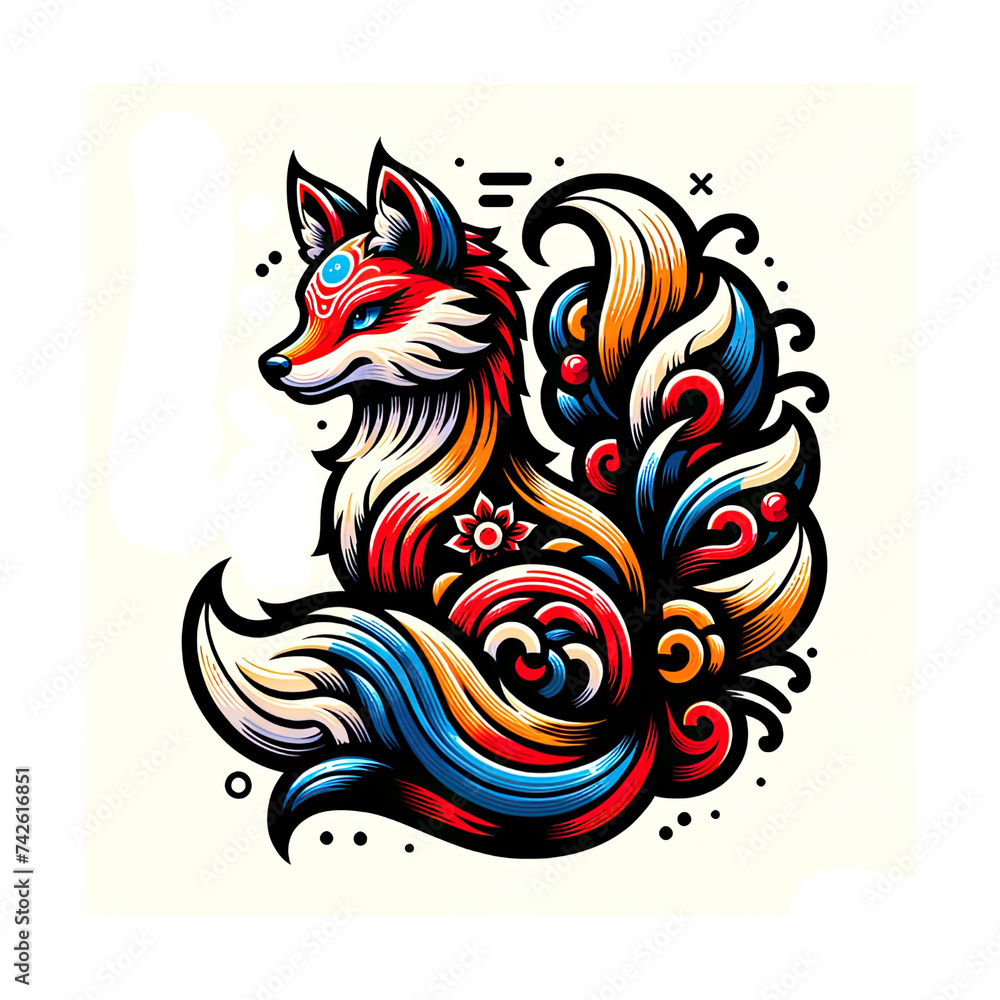abstract illustration of Japanese fantasy creature nine tailed fox ...
