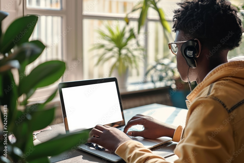 Over shoulder view of gen z African American teen student using laptop ...