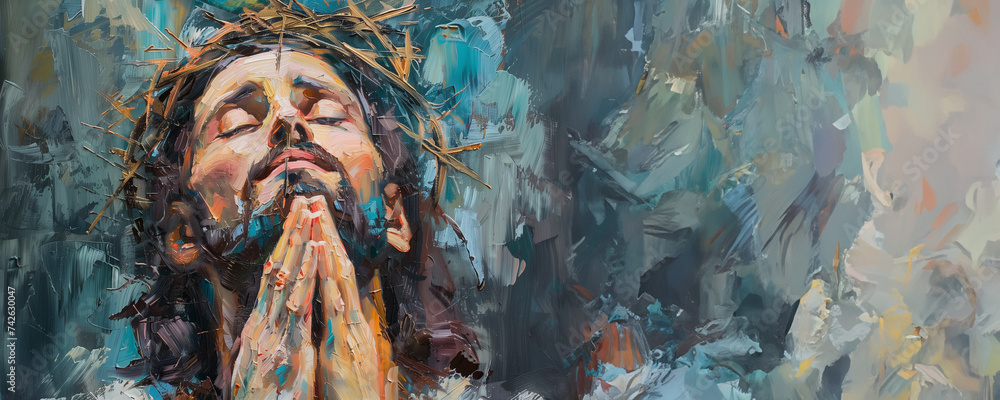 Jesus Christ in prayer artistic portrait painting banner with copy ...