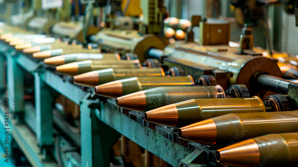 Assembly line of artillery shells in a munitions factory, illustrating ...
