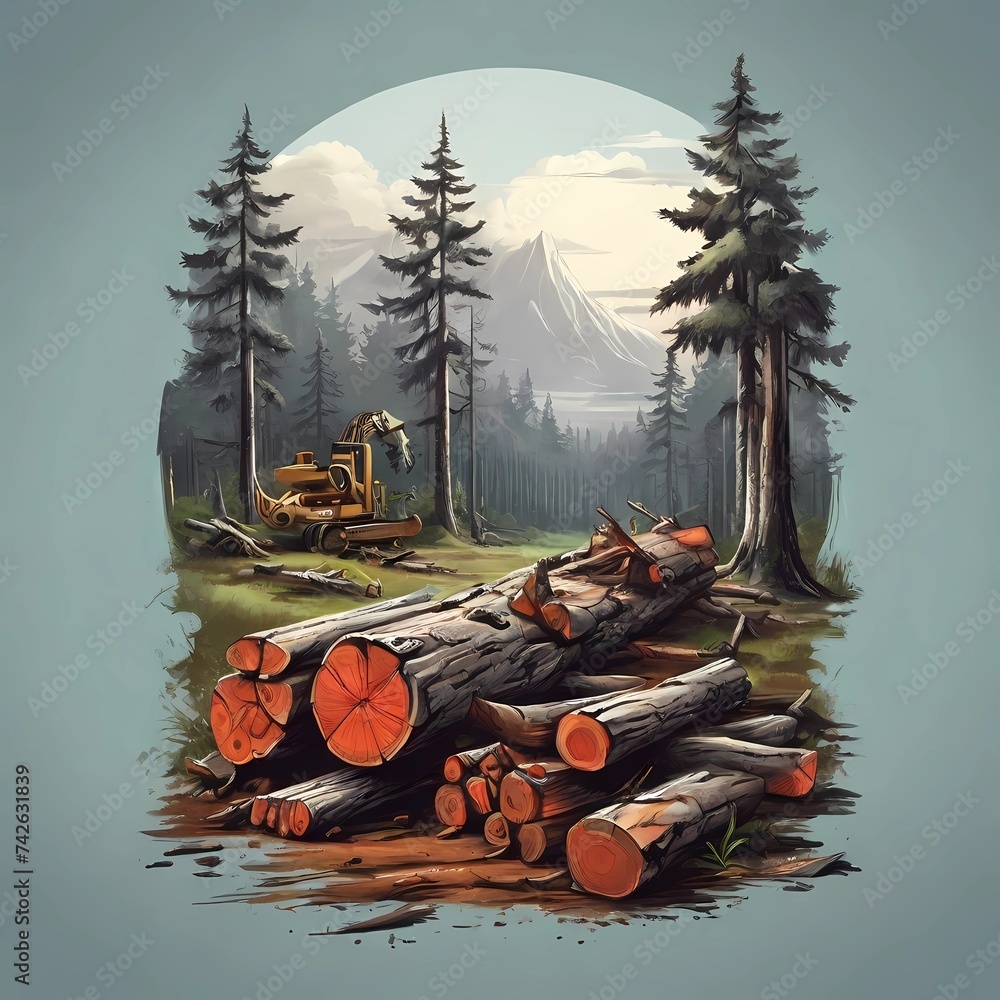 illustration of illegal logging in the forest, design for t-shirts ...