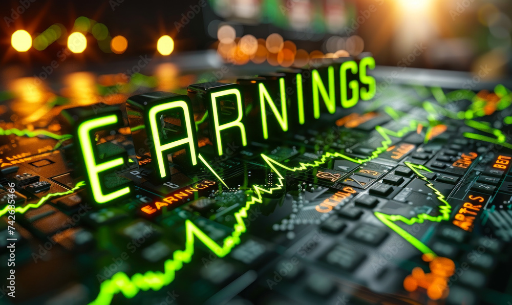 Glowing green EARNINGS sign on server room equipment, symbolizing ...