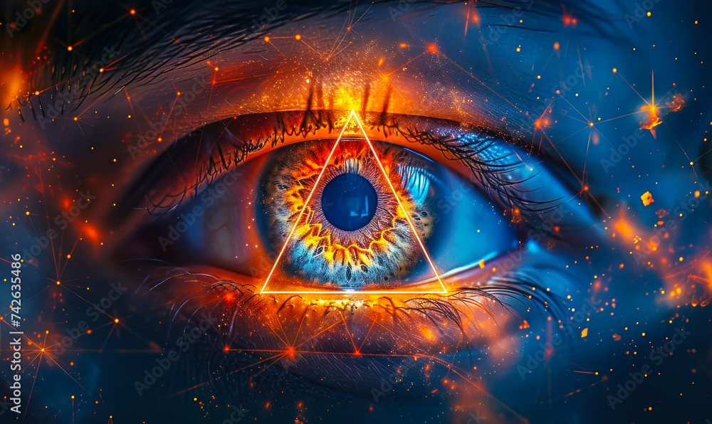 Mystical all-seeing eye encased in a glowing triangle amidst cosmic ...