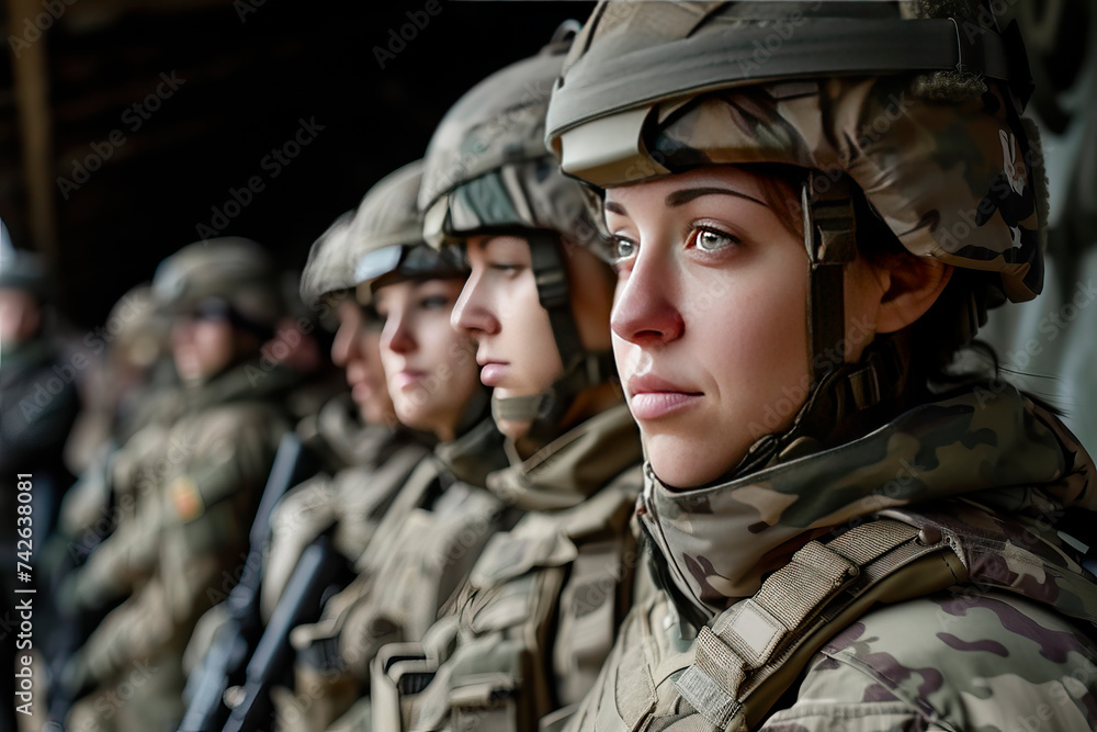 A young light-eyed female soldier stands next to her colleagues ...