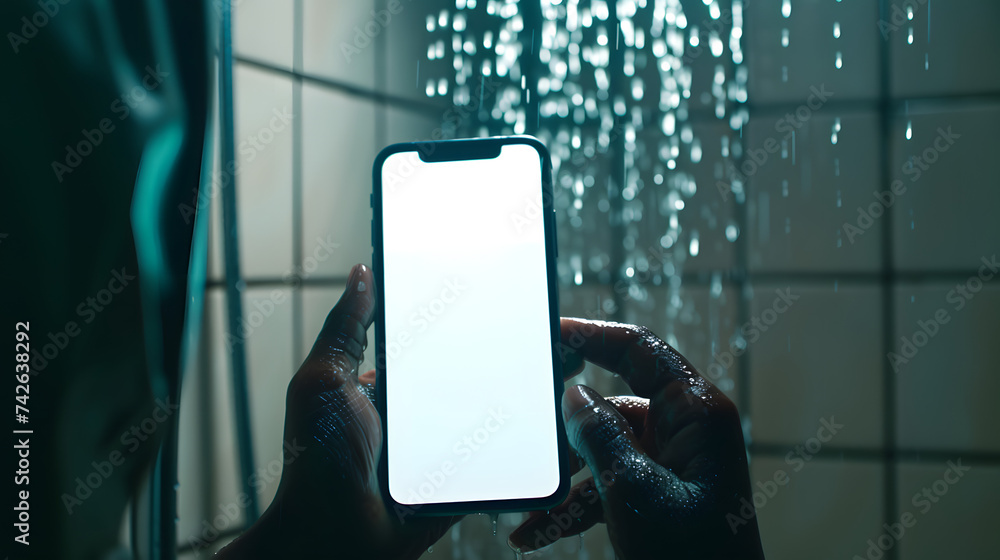 Hand holding isolated smartphone device on the shower in the bathroom ...