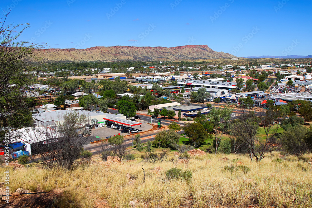 Aerial view of downtown Alice Springs from Anzac Hill with the ridges ...