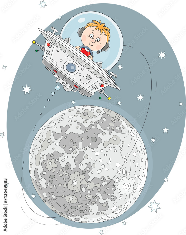 Funny little boy piloting a toy flying saucer circling Moon in ...