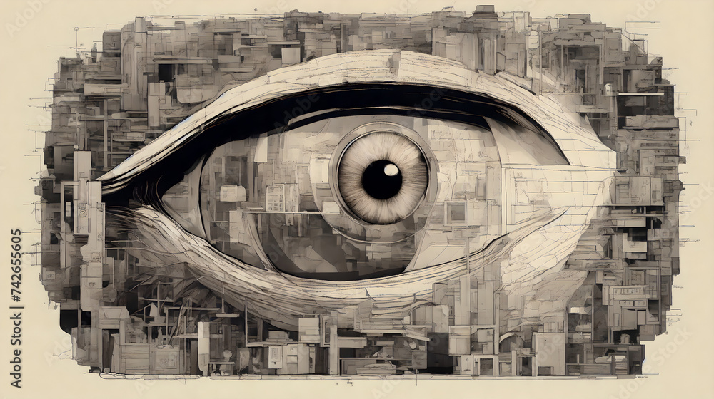 Sketch of a surveillance big eye in a dystopia Orwellian world Stock ...