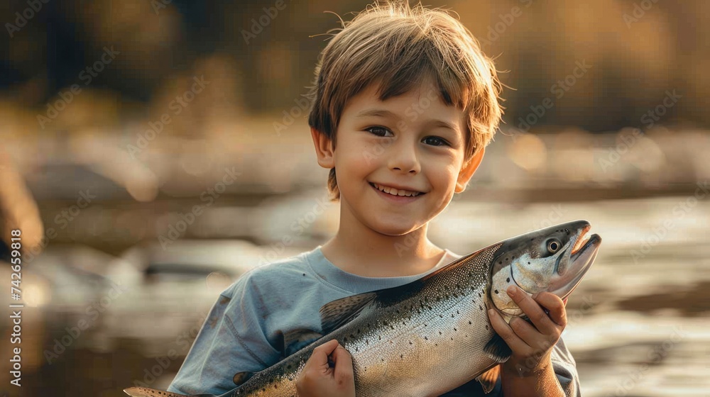 Boy and Salmon, Boy and Fishing,young boy with great smile holding ...