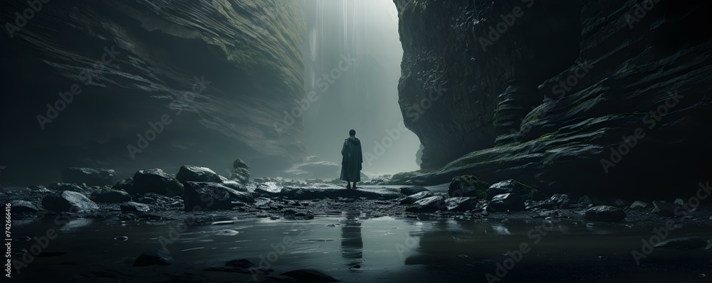 A man in a desolate sea cave reflects a haunting and mysterious world ...