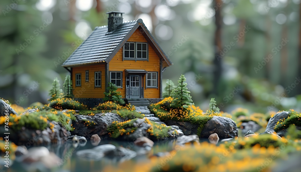 3D small house model displayed on an architectural floor plan Stock ...
