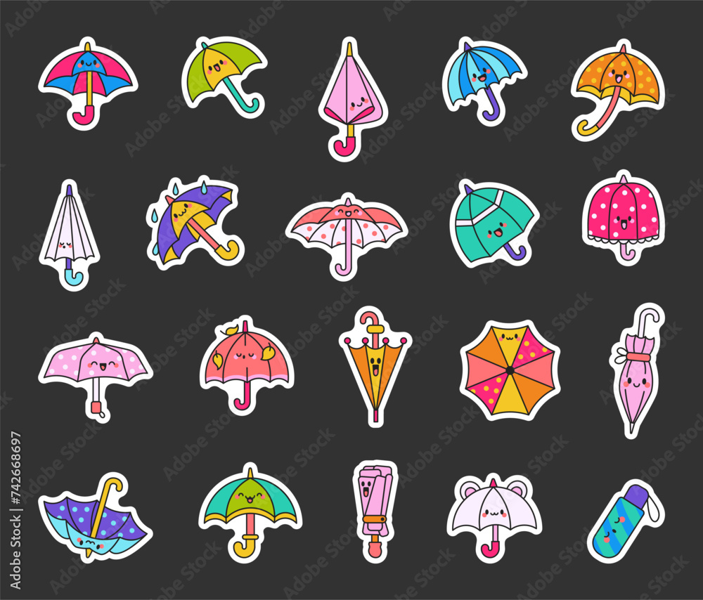 Cute kawaii umbrella. Sticker Bookmark. Cartoon rainy seasonal parasols ...