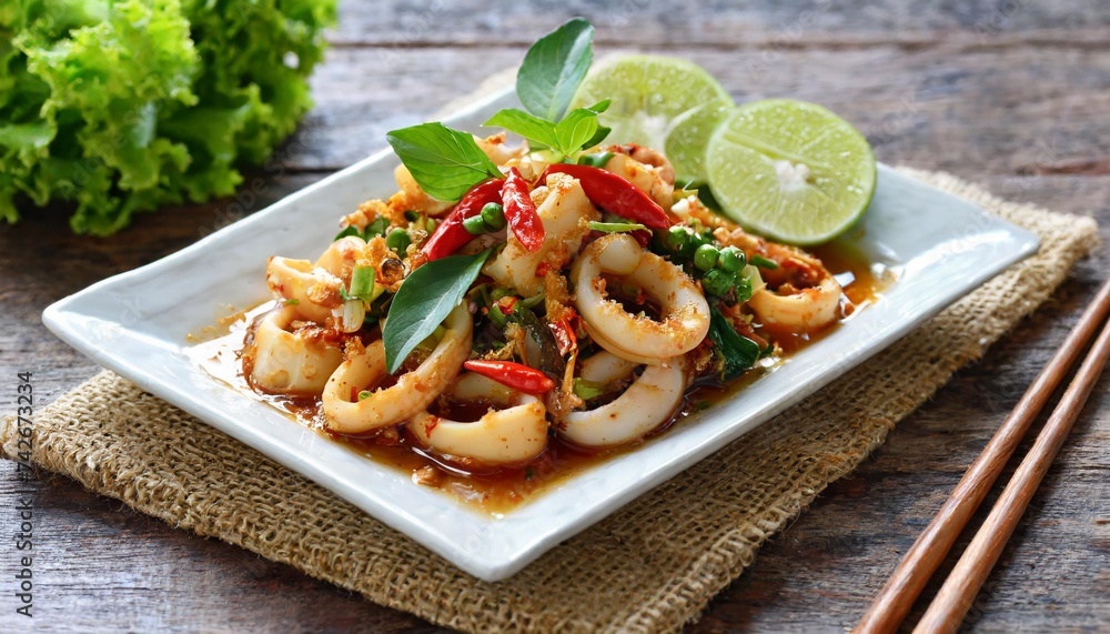 stir fried squid with roasted chili paste pla meuk pad nam prik paw ...