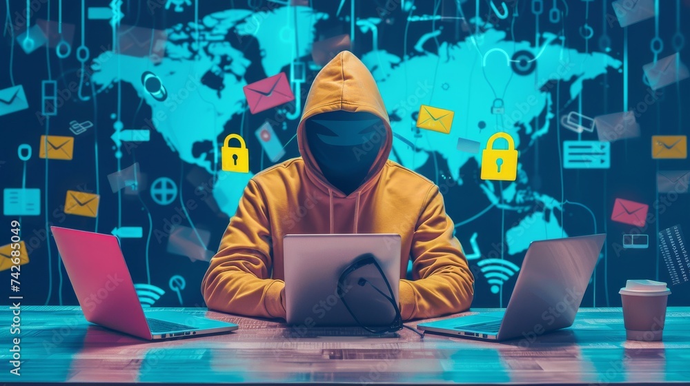 Anonymous hacker in a hoodie working with multiple laptops against a ...