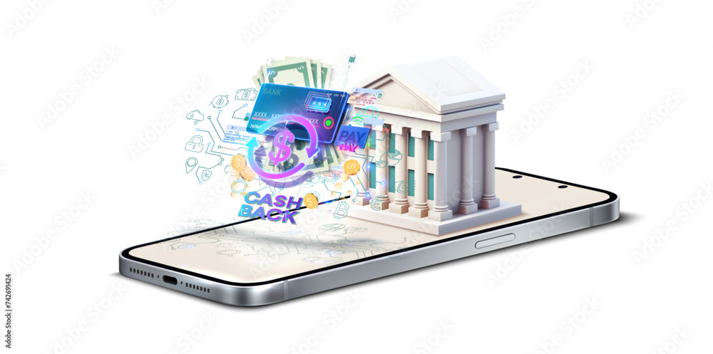 Digital Banking Concept with Smartphone and Cashback Illustration. A 3D ...