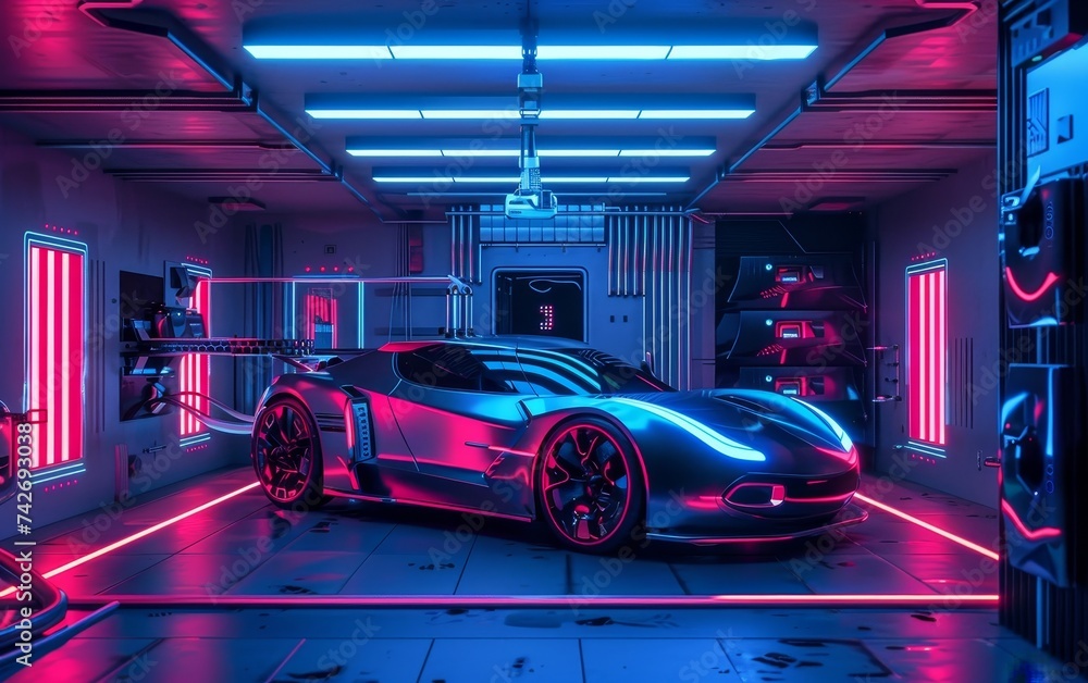 Enveloped in a red neon glow, a futuristic car commands attention ...