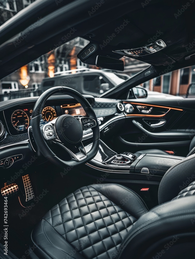 The rich texture of black leather seats inside a luxury car is ...