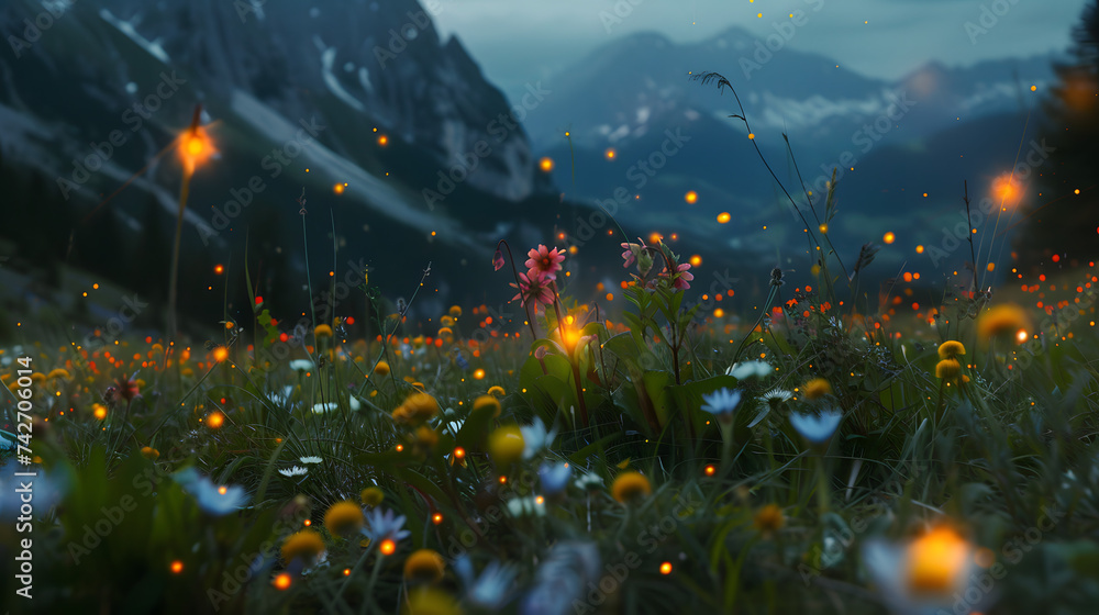 Alpine Meadow with wildflowers, bioluminescent, background, backdrop ...