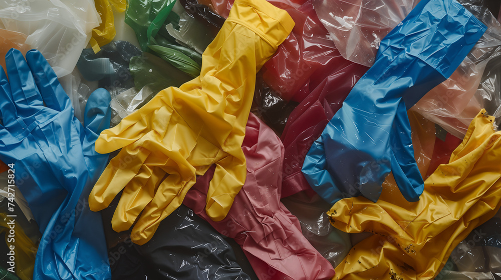 A pile of discarded rubber gloves in a variety of colors. The gloves ...