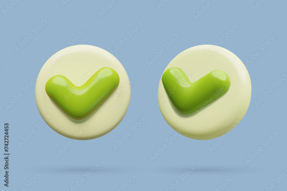 Vector 3d check marks flying icon set. Green ticks on round white ...