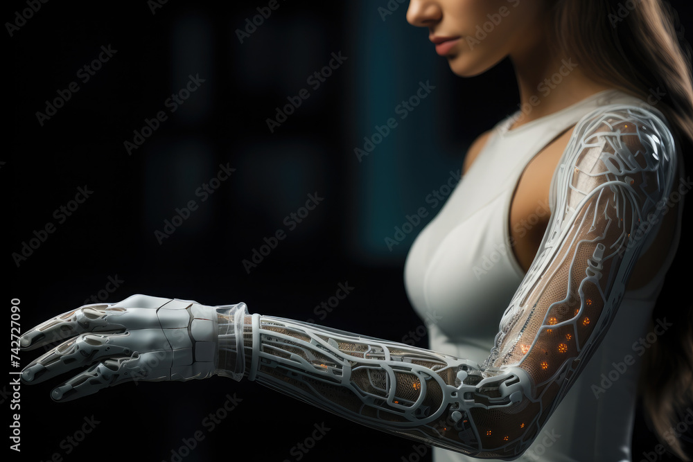 Girl with a bionic prosthetic arm on a black background. Concept for ...