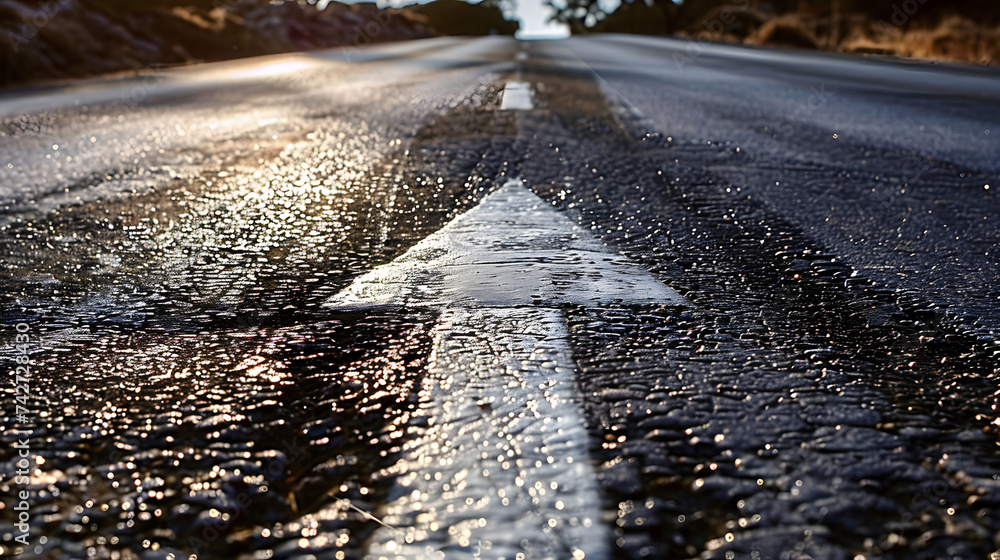 An asphalt road stretches into the distance with a painted white arrow ...
