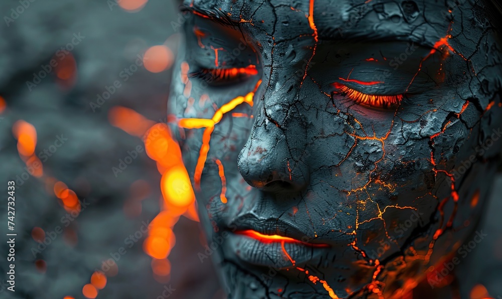 Artwork depicting a woman with orange skin, in the style of burned ...