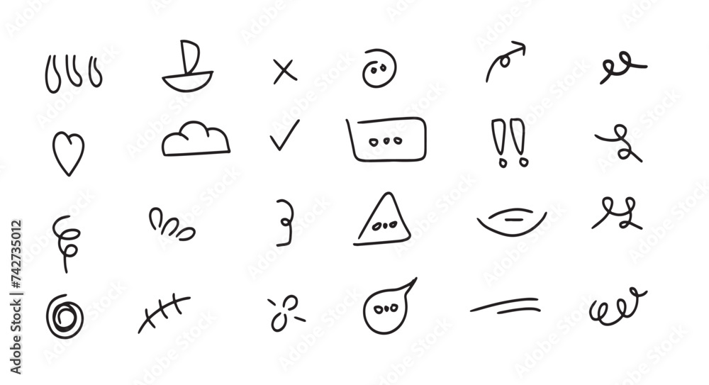 Vector set of hand-drawn cute cartoony expression sign doodle line ...