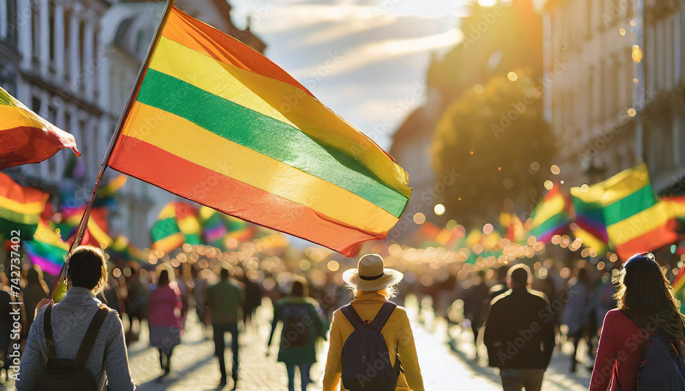 People celebrating Christopher Street Day LGBT flag, silhouetted ...