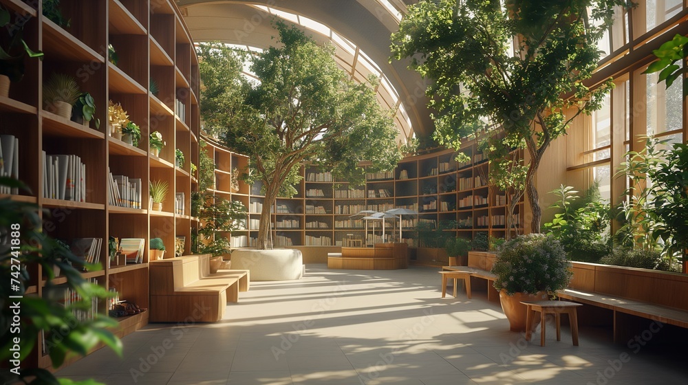 A futuristic public library in an eco-city, with natural wood ...
