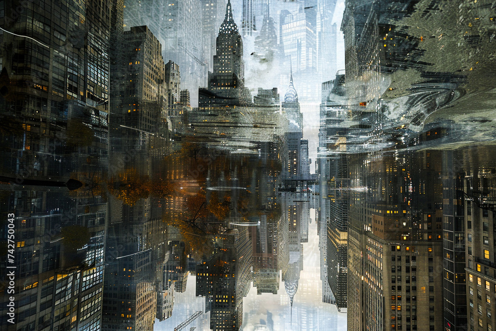 An urban cityscape reflected in a mirror like surface revealing a ...