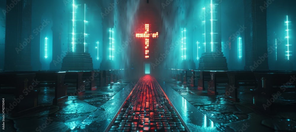 Red Jesus Christ cross symbol on abandoned creepy misty church ...