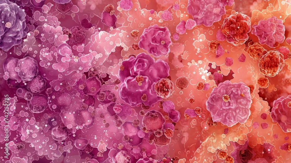 Microscopic view of blood cells in shades of pink and red, depicting ...